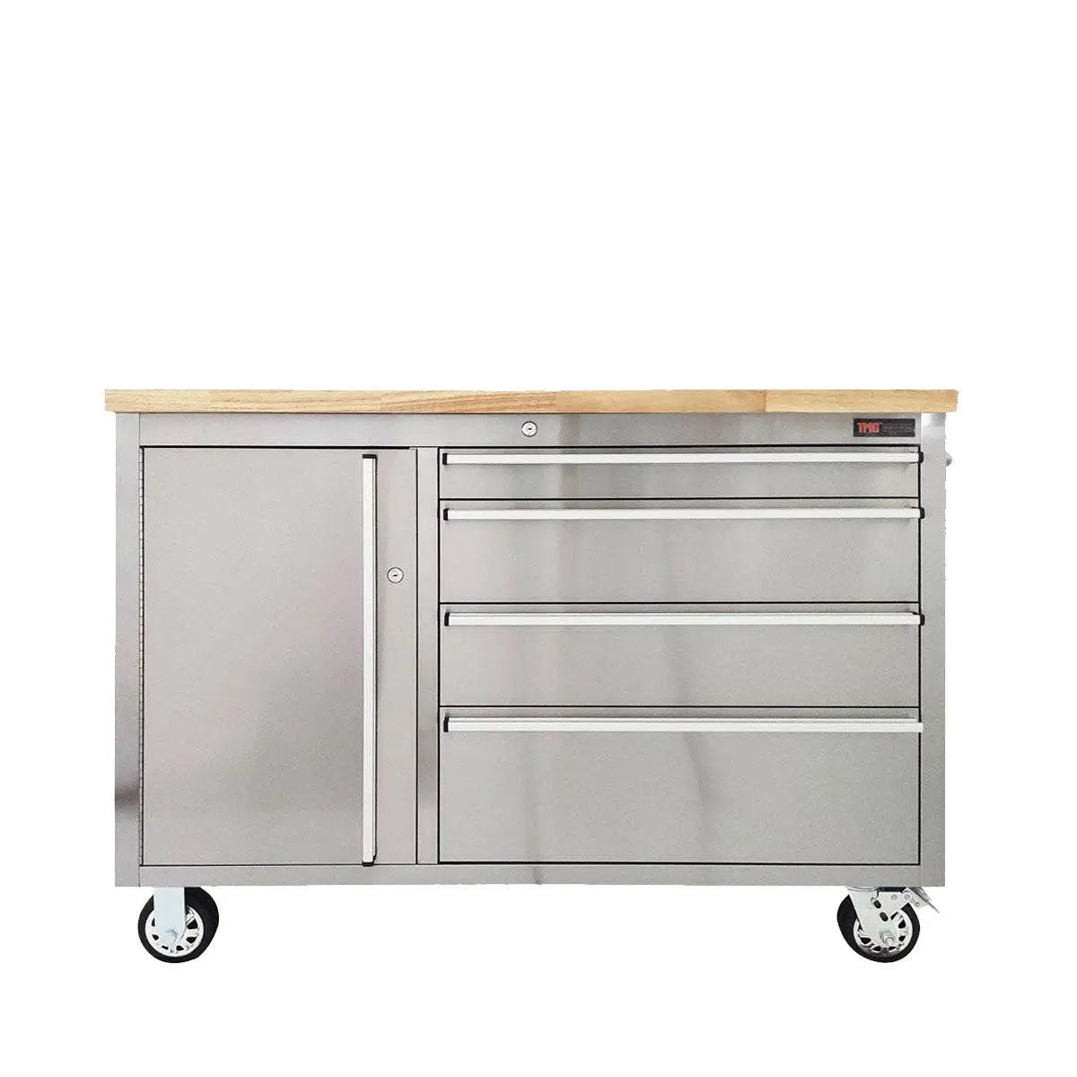 48" Stainless Steel Rolling Workbench, Rubberwood Tabletop, Lockable