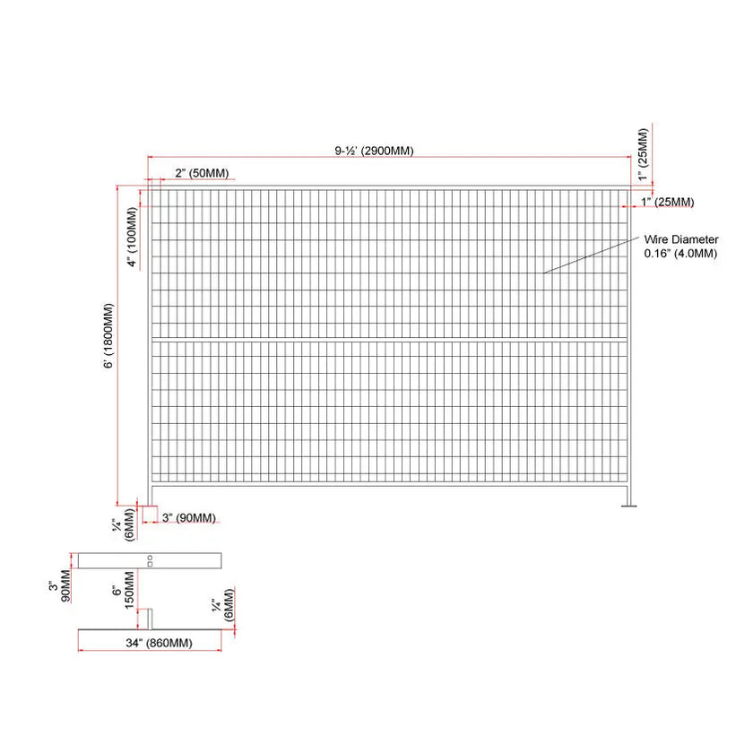 6’ x 10’ Temporary Fence Panel, PVC Coated, Base Feet & Clips