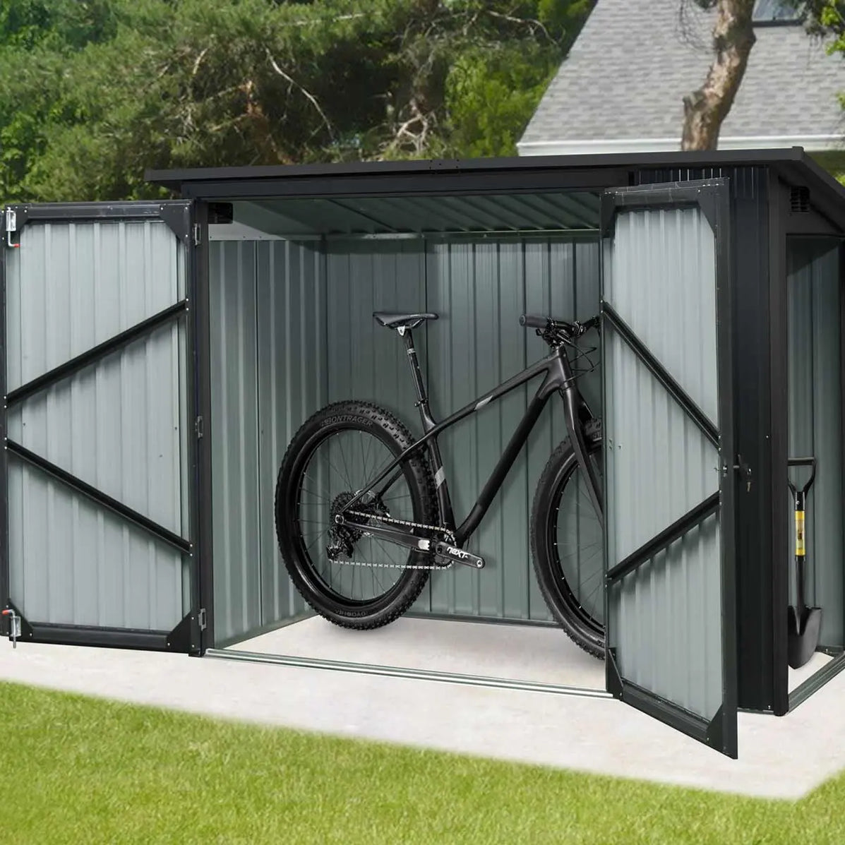 4’ x 8’ Bicycle Metal Pent Shed, 29 Gauge Corrugated Metal, 70" Upper