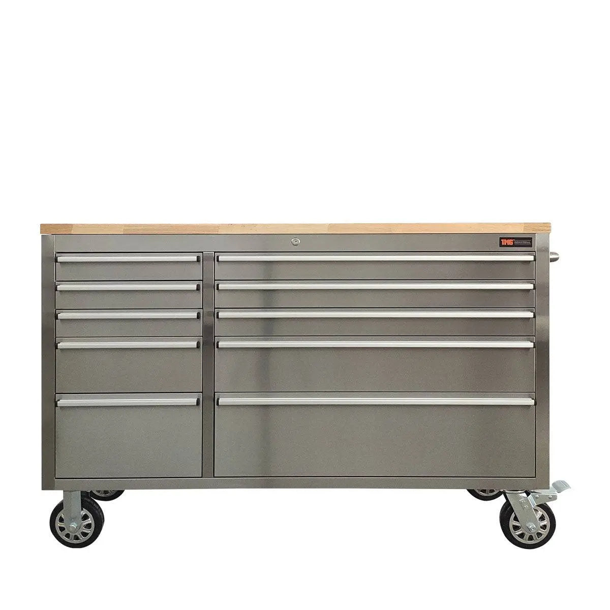 55" Stainless Steel Rolling Workbench, Rubberwood Tabletop, Lockable