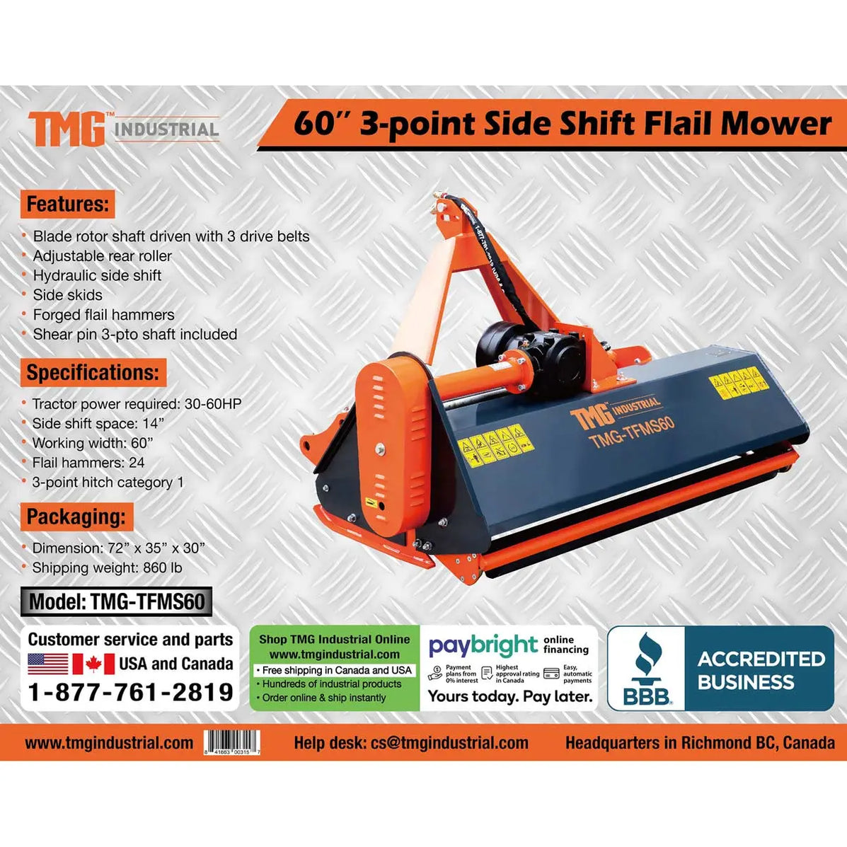 60" Side Shift Offset Flail Mower, 3-Point Hitch, 30-60 HP Tractor,